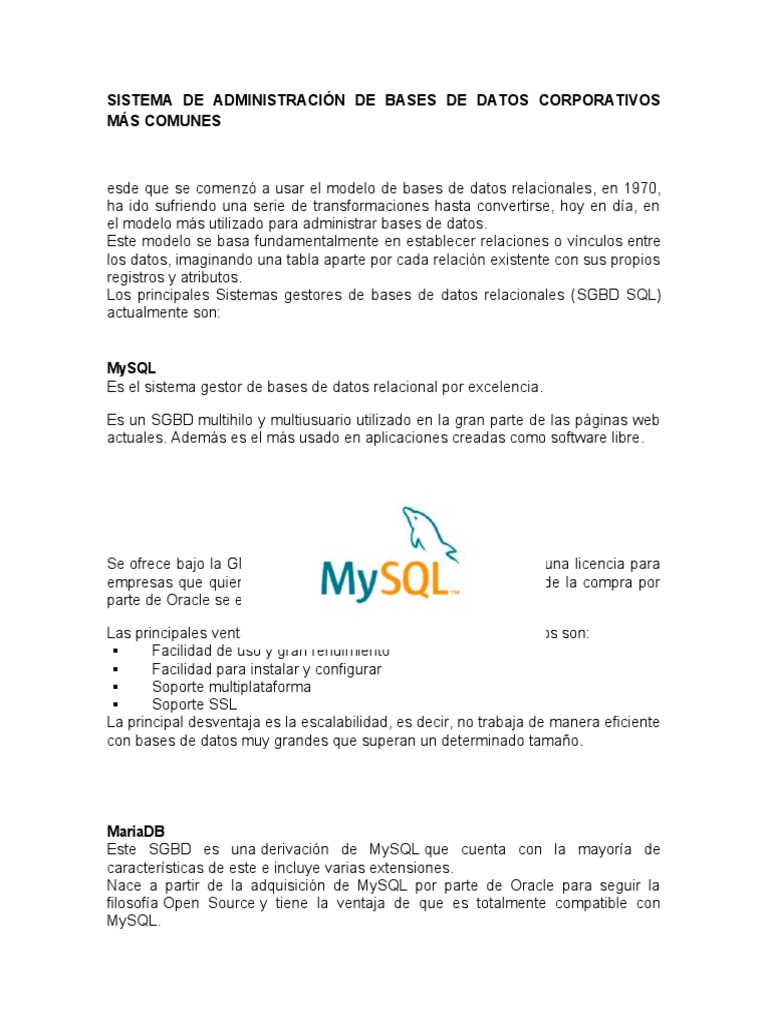 Sistema de Administración de Bases de Datos Corporativos Más Comunes ...
