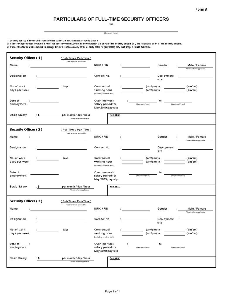 Form A - Particulars of Full-Time Security Officers (2019) | PDF ...
