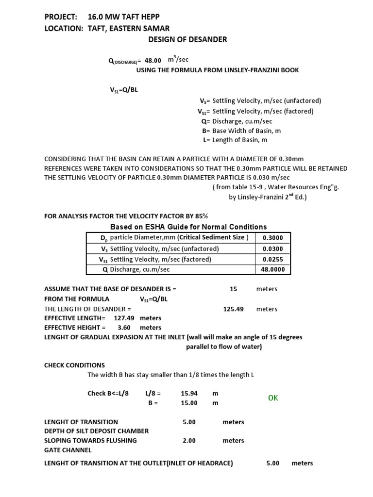 Minihydro Desander Design | PDF | Spillway | Chemical Engineering