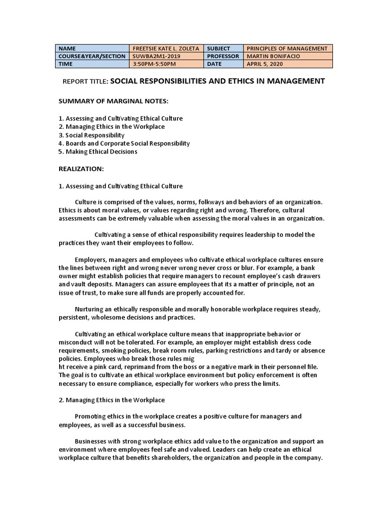 Social Responsibilities and Ethics in Management | PDF | Corporate ...