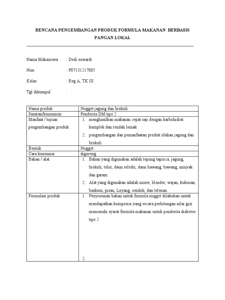 Rencana Pengembangan Produk Formula Makanan Berbasis Pangan Lokal | PDF