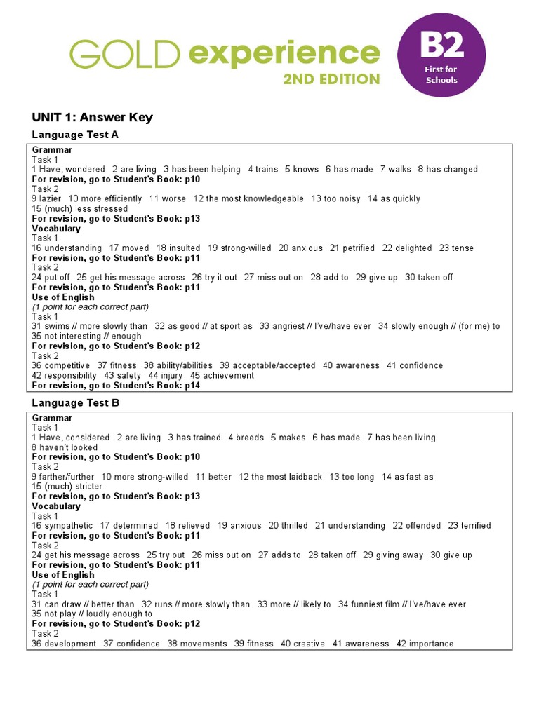 UNIT 1: Answer Key: Language Test A | PDF