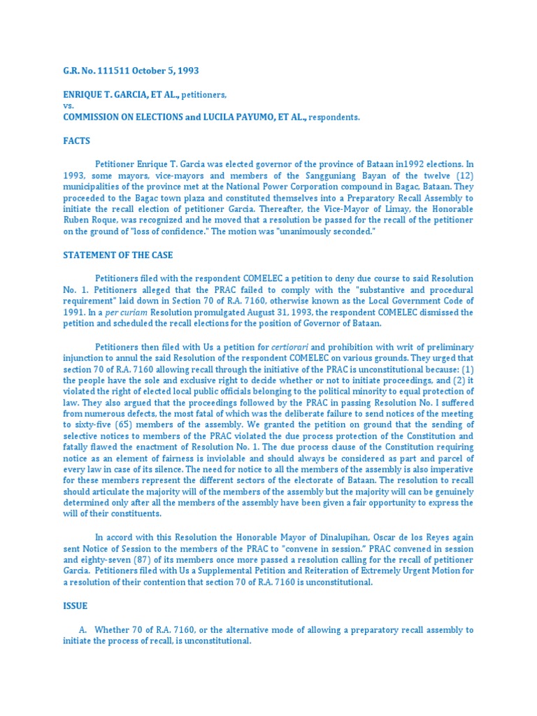 Garcia Vs Comelec 1993 Digest | PDF | Due Process Clause | Initiative