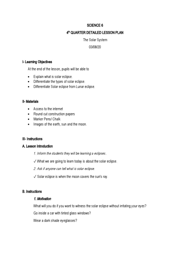 Detailed Lesson Plan | PDF | Eclipse | Moon