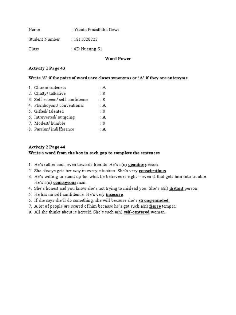 Word Power Activity Answers | PDF