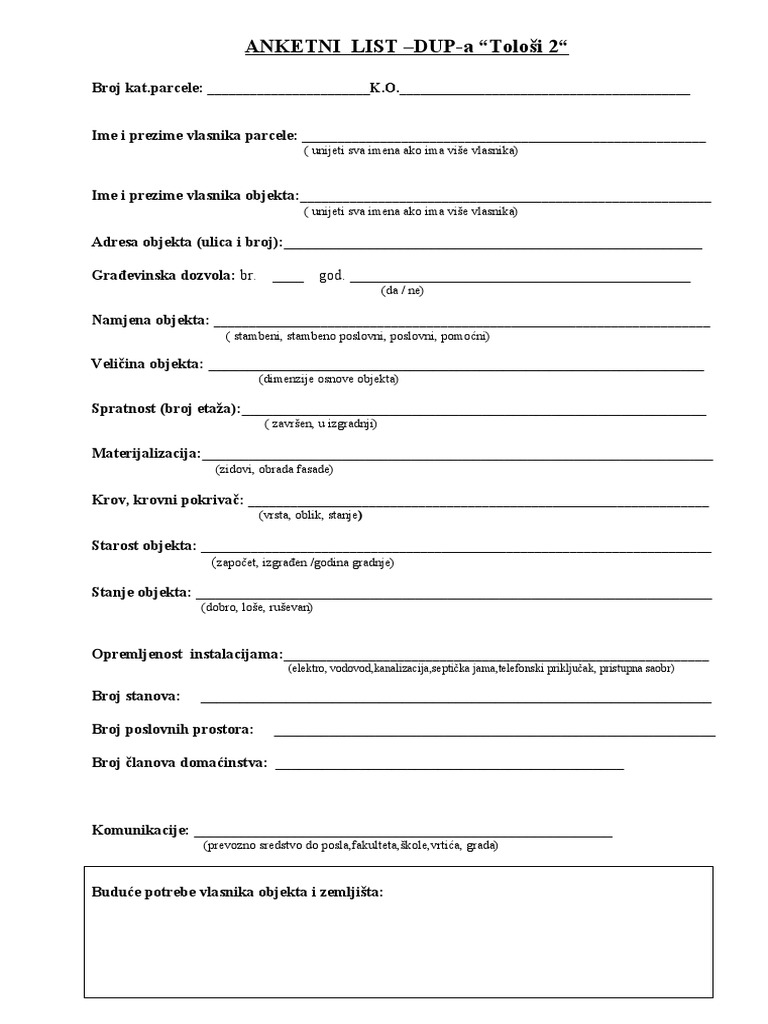 ANKETNI LIST Za Dup Tolosi 2 | PDF