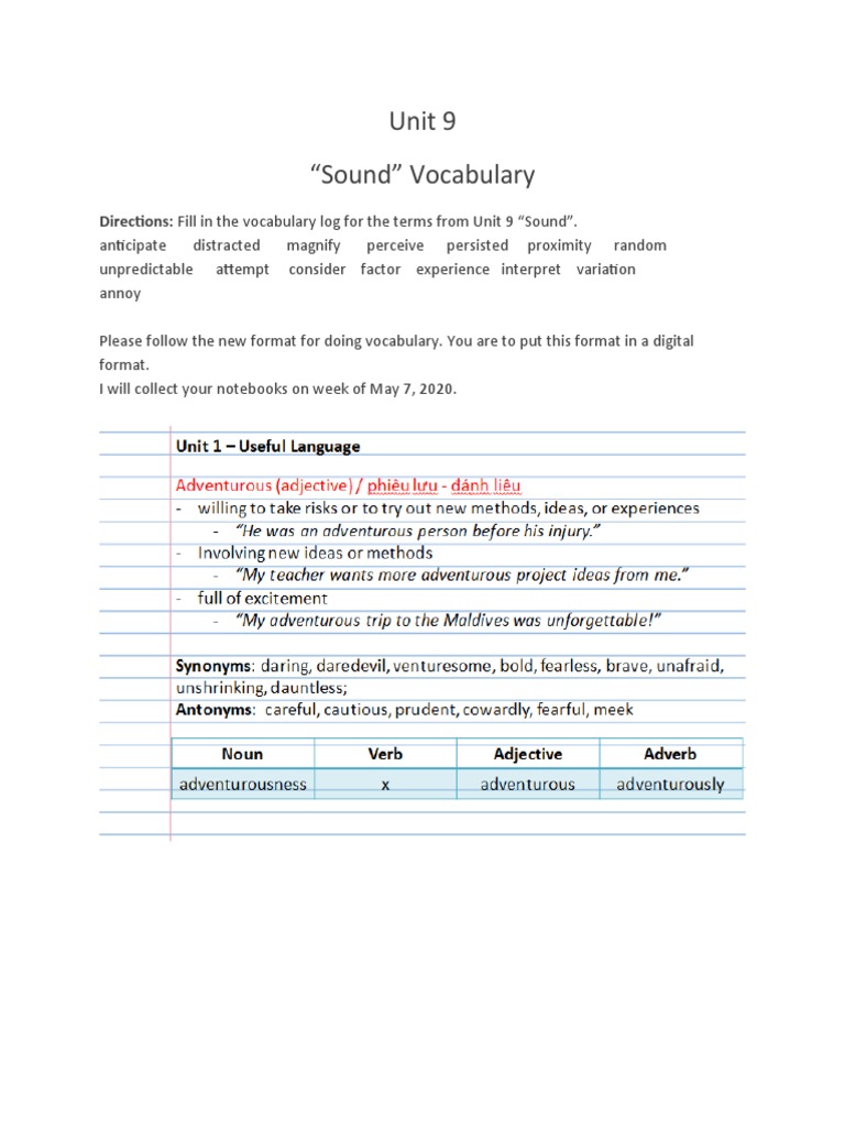 Unit 9 Sound Vocabulary Log | PDF