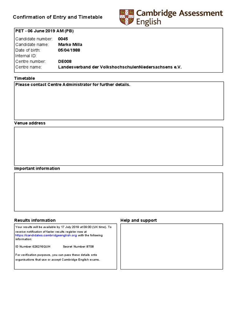 Confirmation of Entry and Timetable | PDF