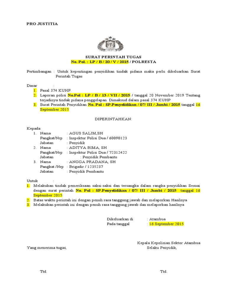 Surat Perintah Tugas Penyidikan 2015 | PDF