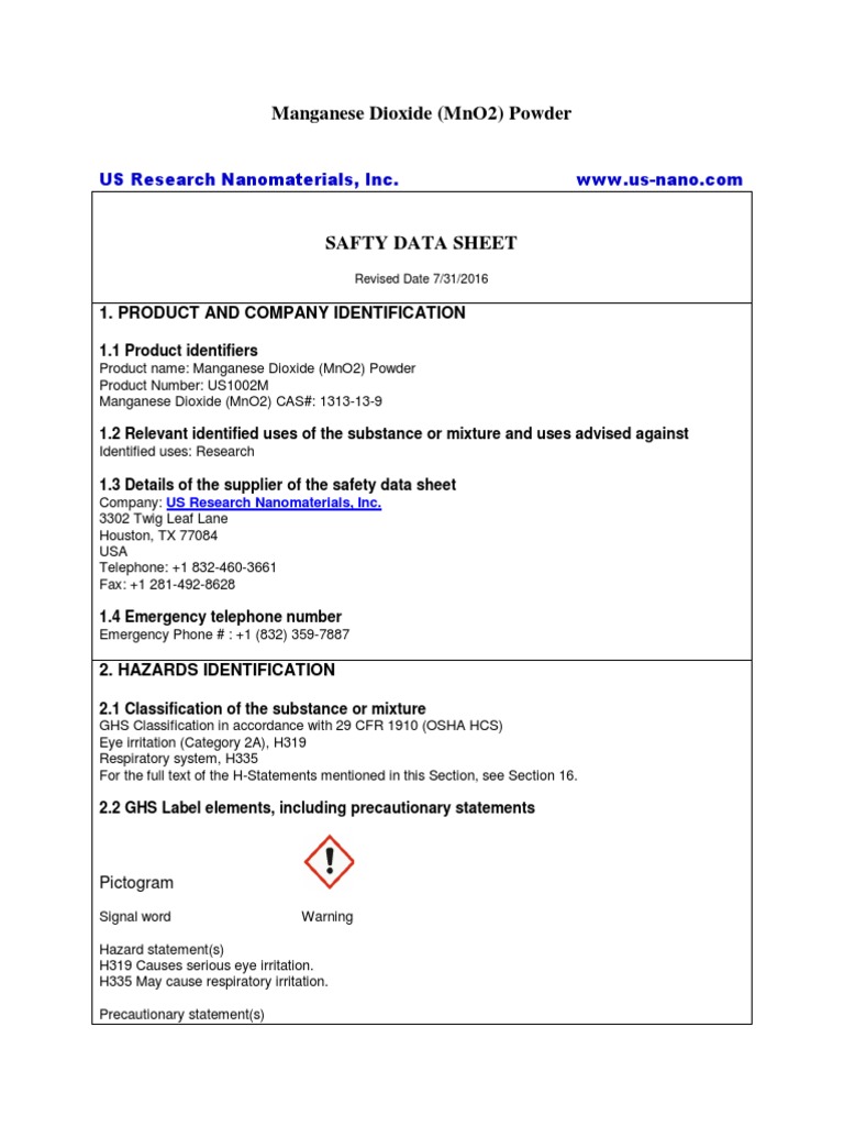 MSDS-Manganese Dioxide | PDF | Toxicity | Dangerous Goods