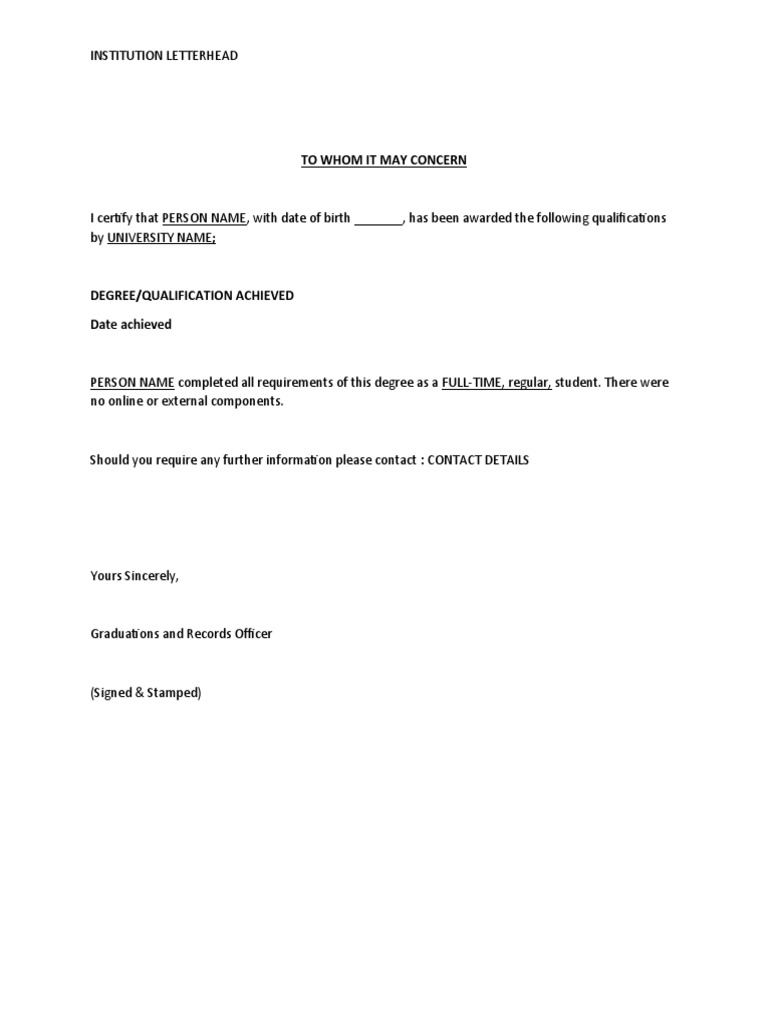 University Letter Template for Attestation of Educational Certificate ...