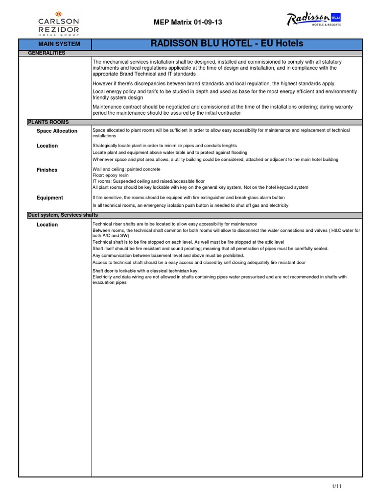 Radisson Blu MEP Matrix - 2013-09-01 | PDF | Fire Sprinkler System ...