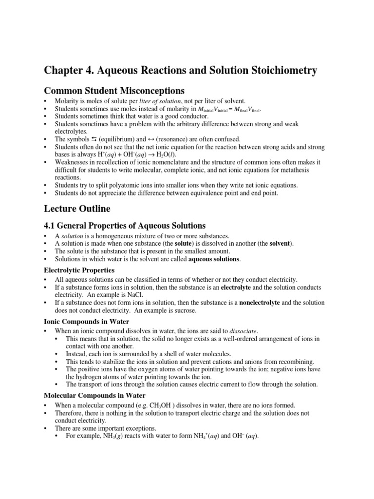 Chapter 4. Aqueous Reactions and Solution Stoichiometry: Common Student ...