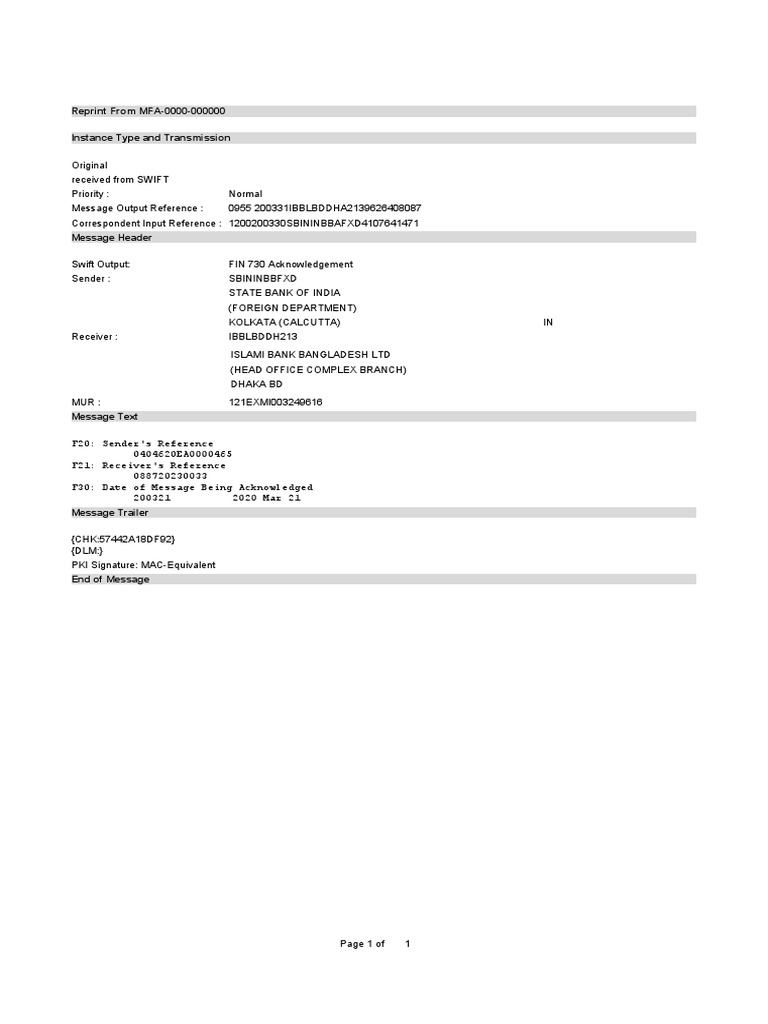MT730 Acknowledgement Example | PDF