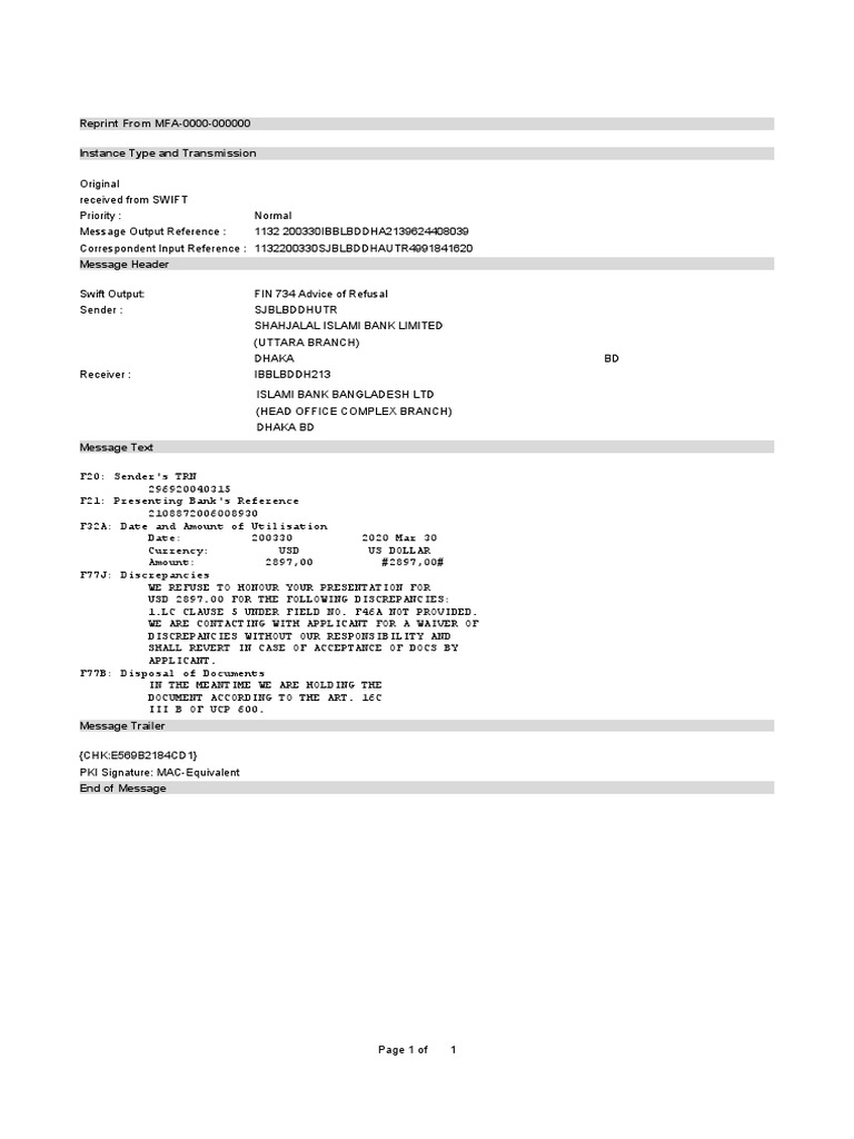 Swift MT734 Advice of Refusal | PDF | Finance & Money Management