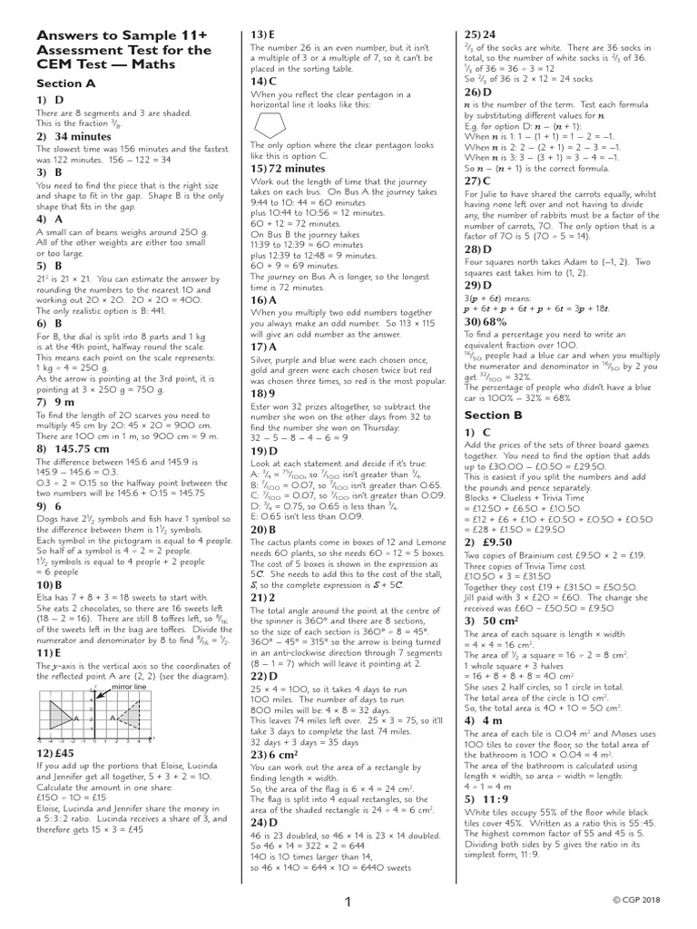 Answers To Sample 11+ Assessment Test For The CEM Test - Maths | PDF ...