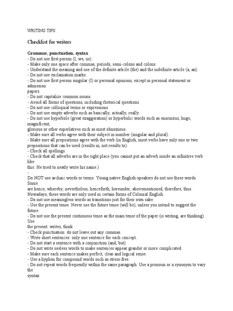 Checklist For Writers: Grammar, Punctuation, Syntax | PDF | Verb ...