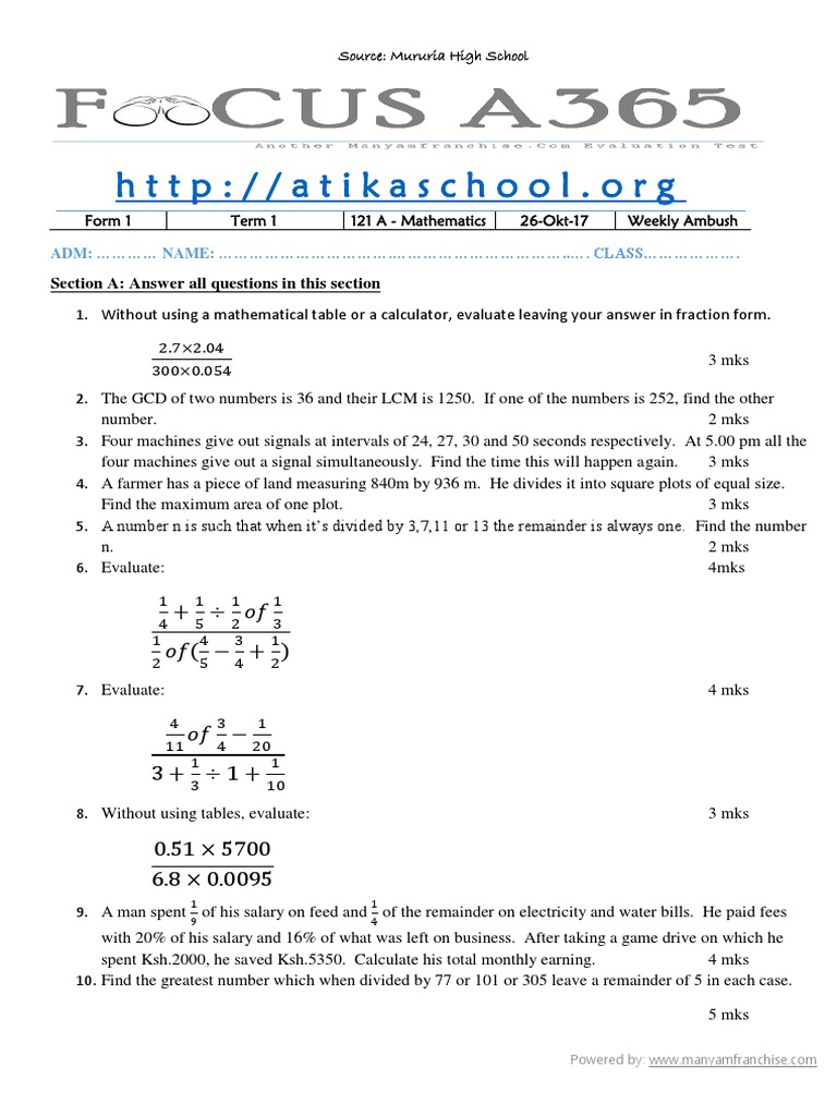 Form 1 Mathematics Questions PDF | PDF | Arithmetic | Mathematical Concepts