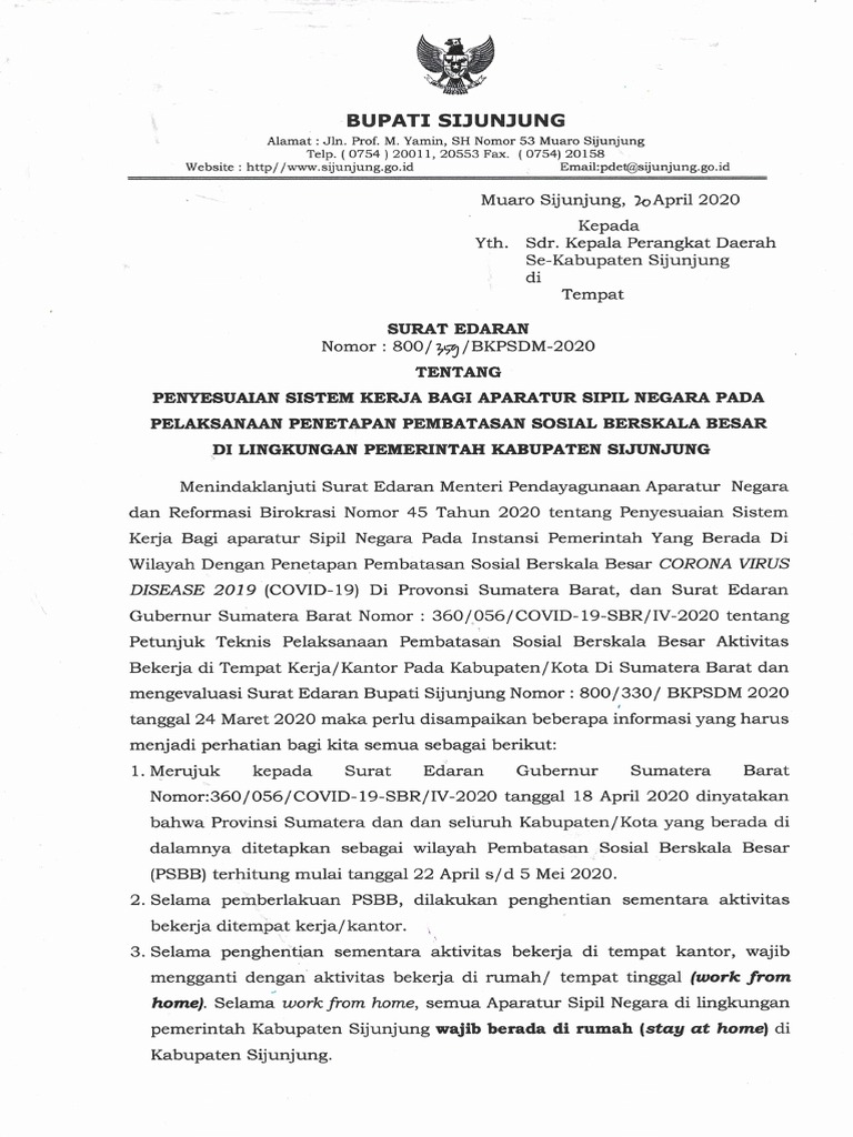 Surat Edaran Bupati TTG Penyesuaian Sistem Kerja Bagi ASN Pada Pelaksanaan PSBB | PDF