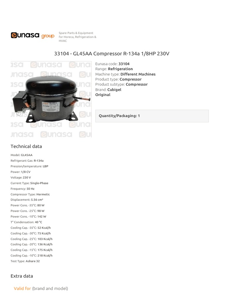 GL45AA Compressor R-134a 1/8HP 230V: Technical Data | PDF