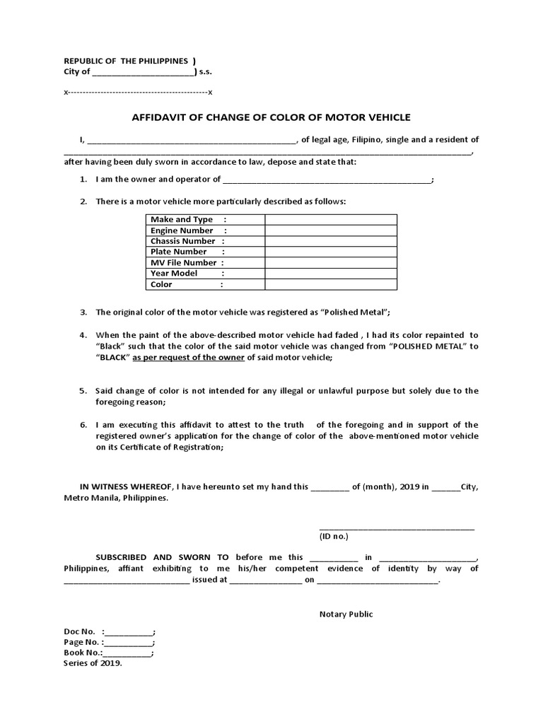 AFFIDAVIT OF CHANGE OF COLOR OF VEHICLE by Car Shop | PDF
