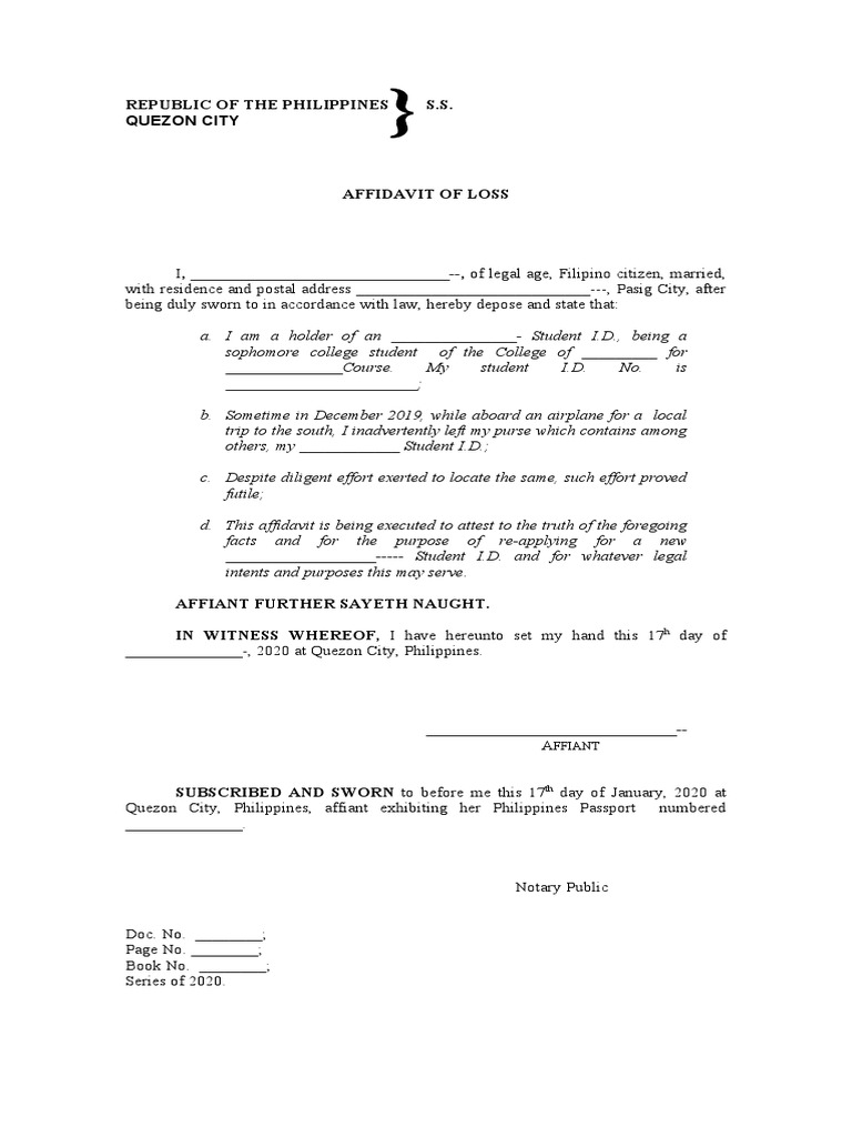 Affidavit of Loss of ID | PDF