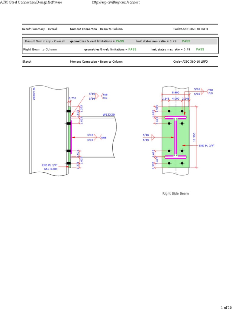 Result Summary - Overall Right Beam To Column: Pass Pass Pass Pass ...