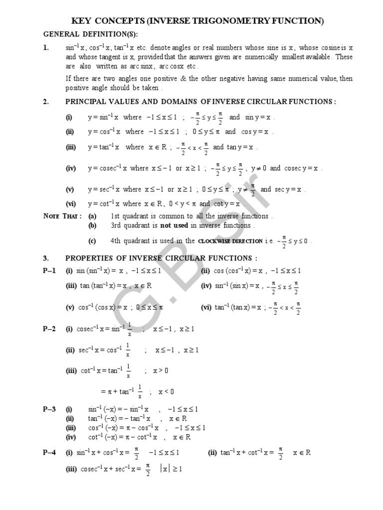 G.B Sir: Key Concepts (Inverse Trigonometry Function) | PDF ...