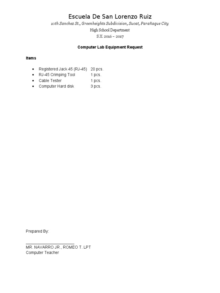 Computer Lab Equipment Request | PDF