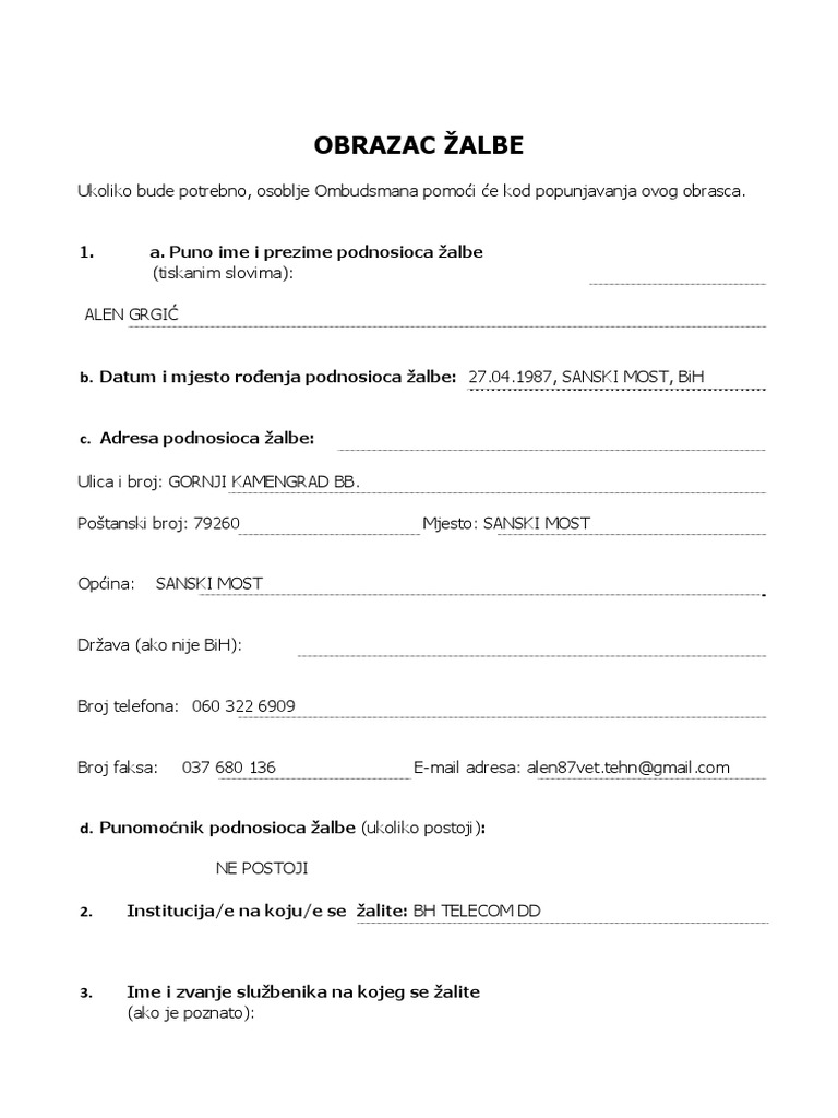 Obrazac Zalbe IOZZP HR | PDF