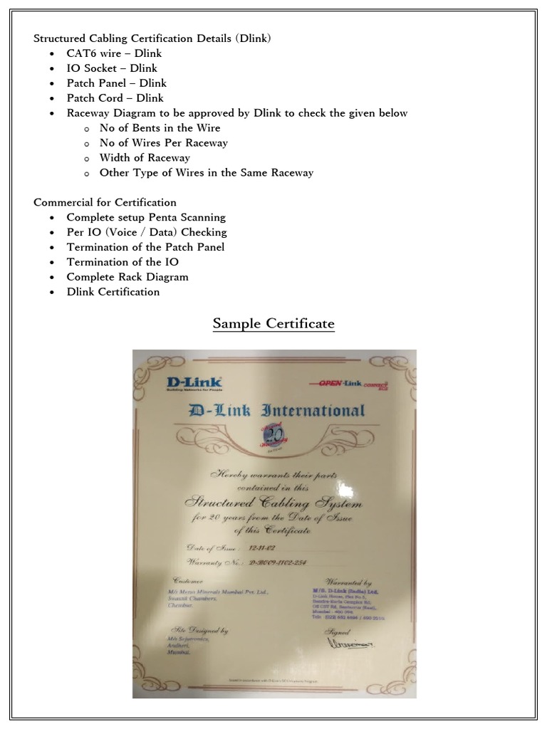 Sample Certificate: Structured Cabling Certification Details (Dlink) | PDF
