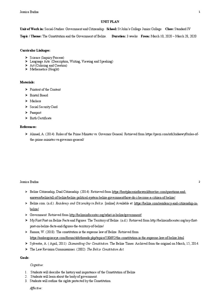 Social Studies Unit Plan 1 | PDF | Citizenship | Belize