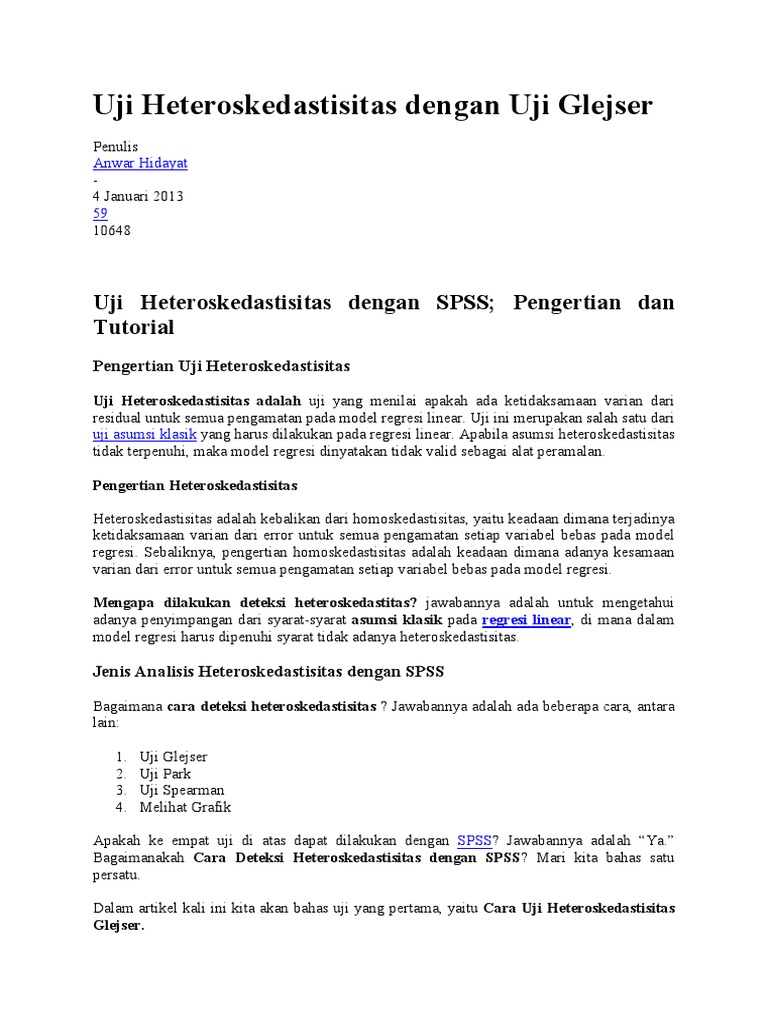 Uji Heteroskedastisitas Dengan Uji Glejser | PDF