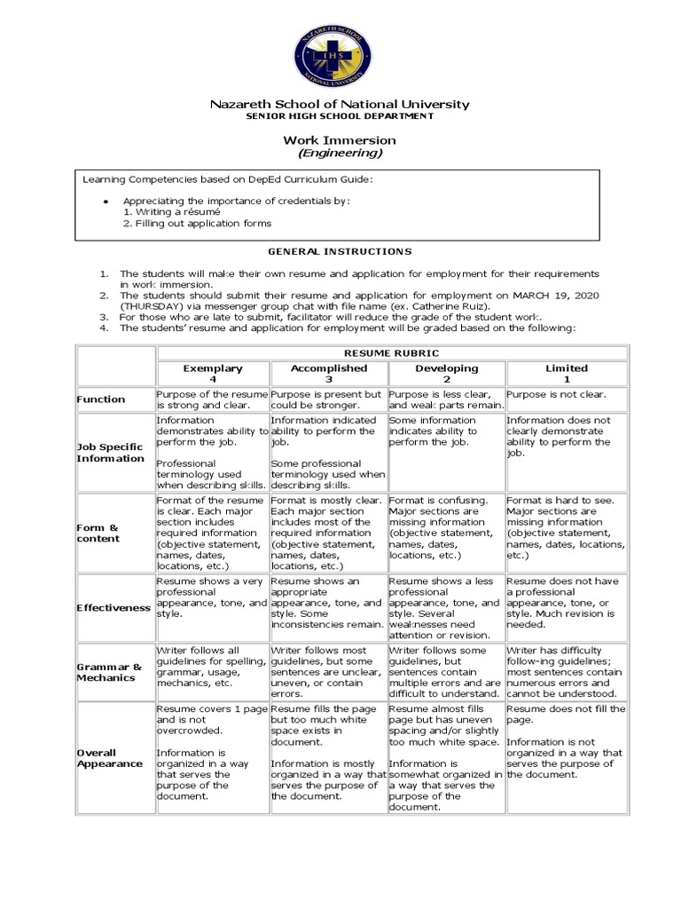 Rubric For Resume and Application | PDF | Résumé | Behavior Modification