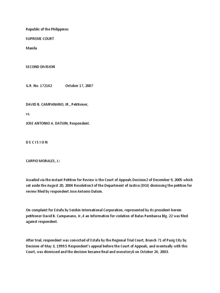 David Campanano vs. Jose Antonio Datuin, GR No. 172142, Oct. 17, 2007 ...