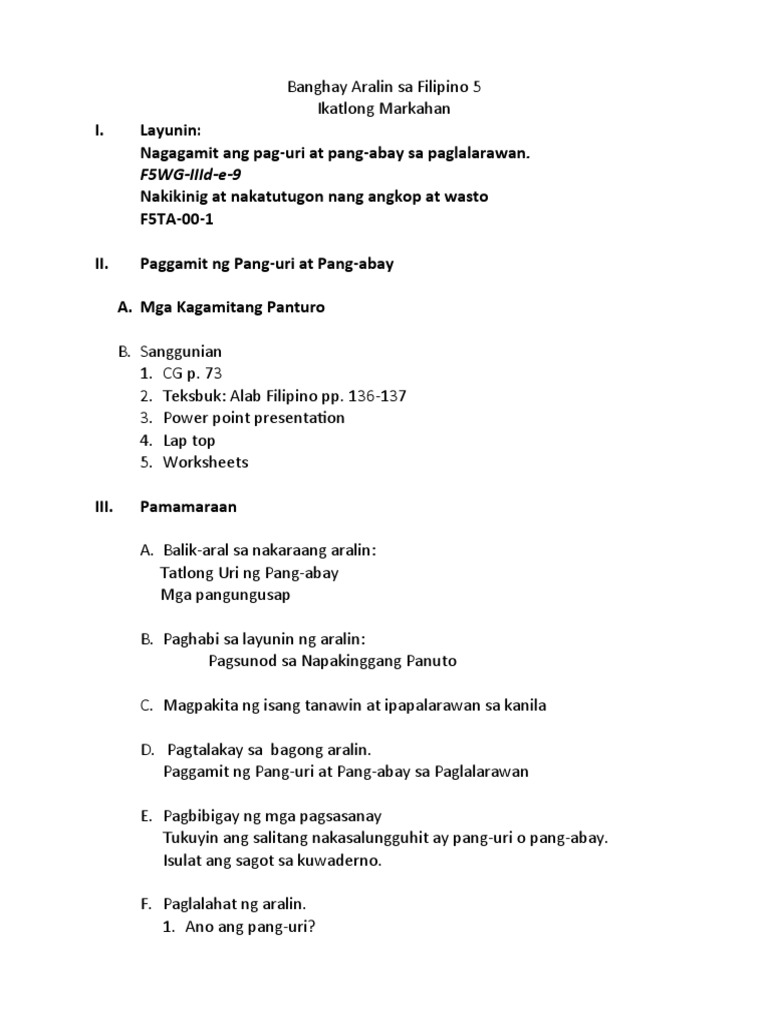 Banghay Aralin Sa Filipino 5 | PDF
