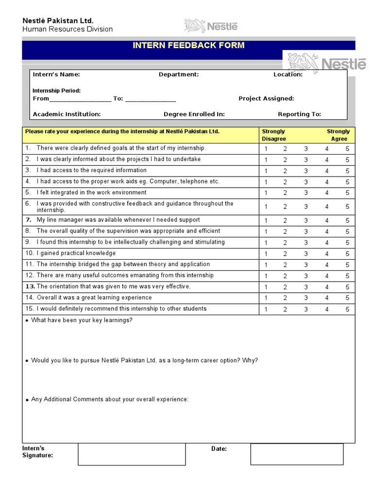 Nestlé Internship Feedback Form | PDF | Internship | Job Hunting