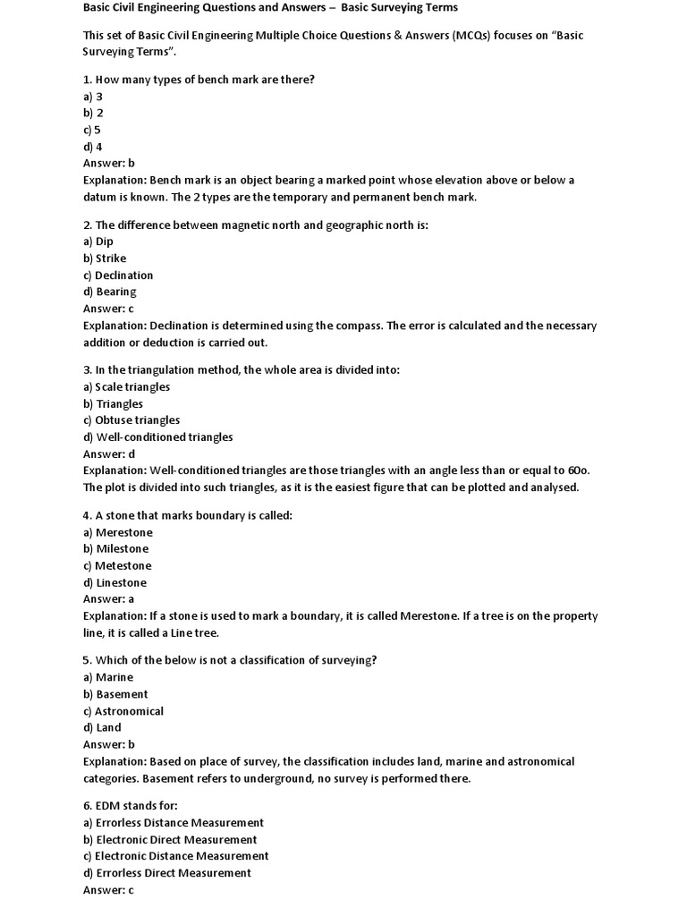 Civil Questions and Answers - Surveying PDF | PDF | Surveying | Compass