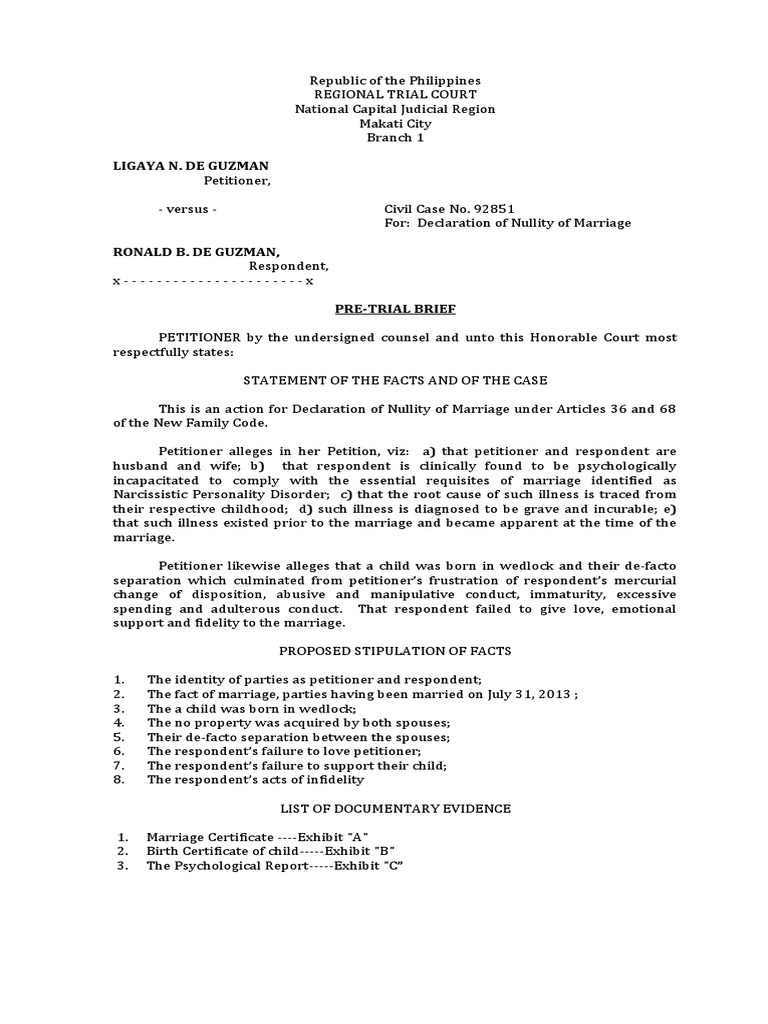 Pre-Trial Brief | PDF | Marriage | Testimony