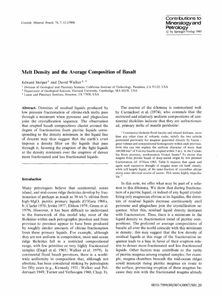 Melt Density and The Average Composition of Basalt: Contributions To ...