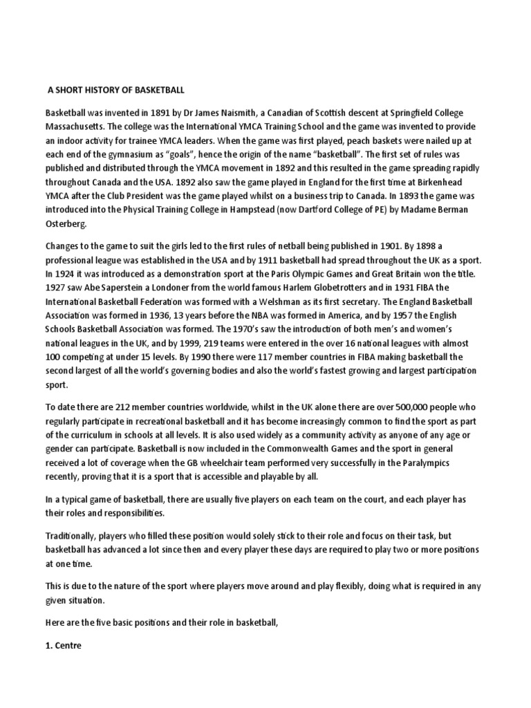 A Short History of Basketball | PDF | Basketball Positions | Ball Games