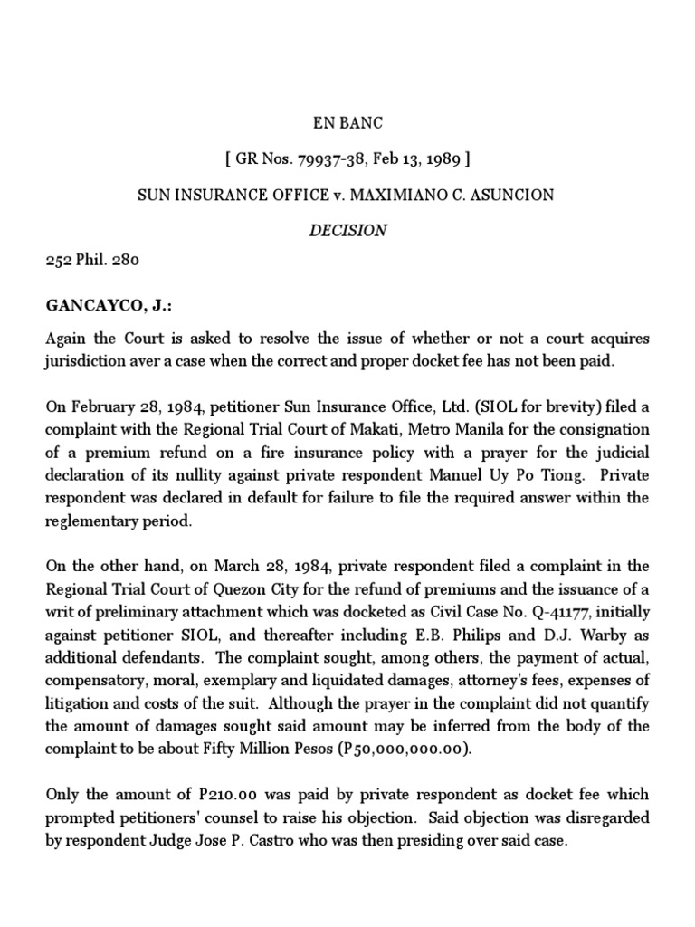 SUN INSURANCE OFFICE v. MAXIMIANO C. ASUNCION | PDF | Complaint | Lawsuit