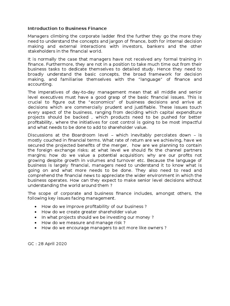 Introduction To Business Finance | PDF