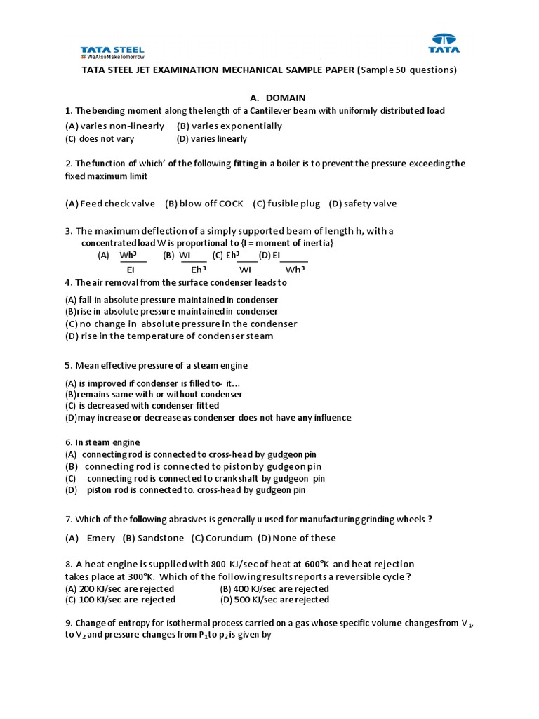 Tata Steel Jet Examination Mechanical Sample Paper (Sample 50 Questions ...