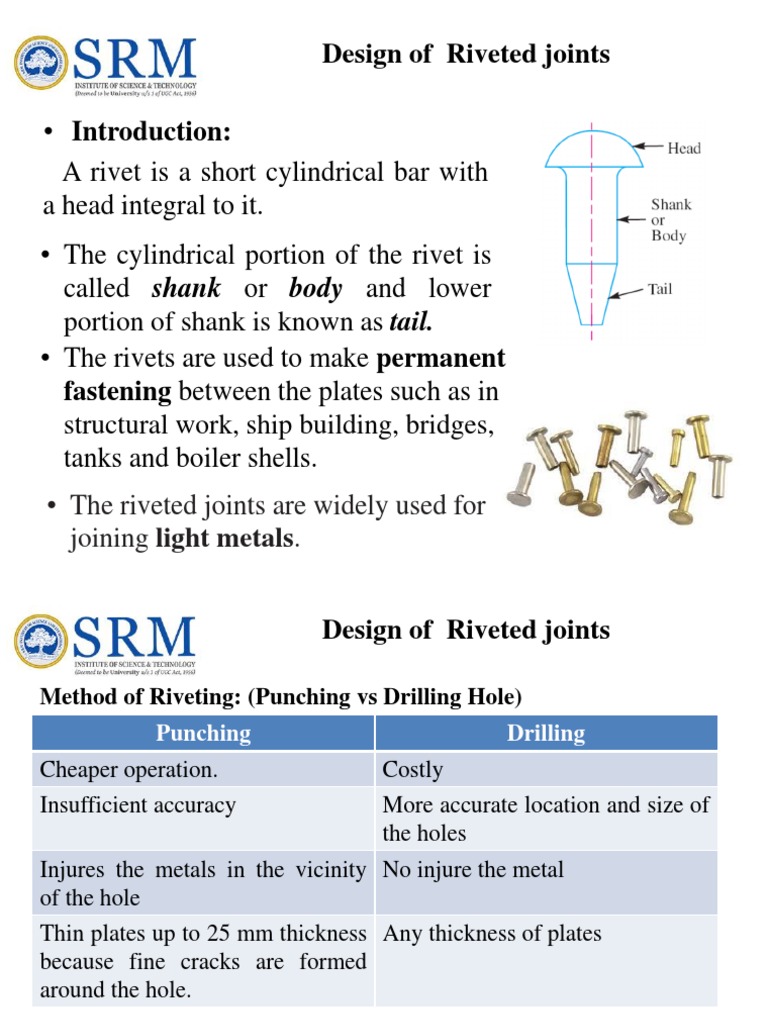 U-4 - Design of Riveted Joint - SRM | Download Free PDF | Rivet | Welding
