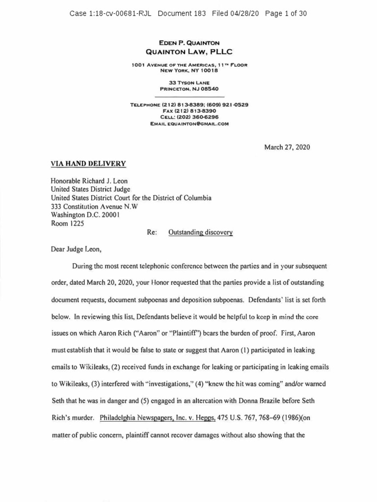 Seth Rich DC Filing - Eden Letter To Court | PDF | New York Times Co. V ...