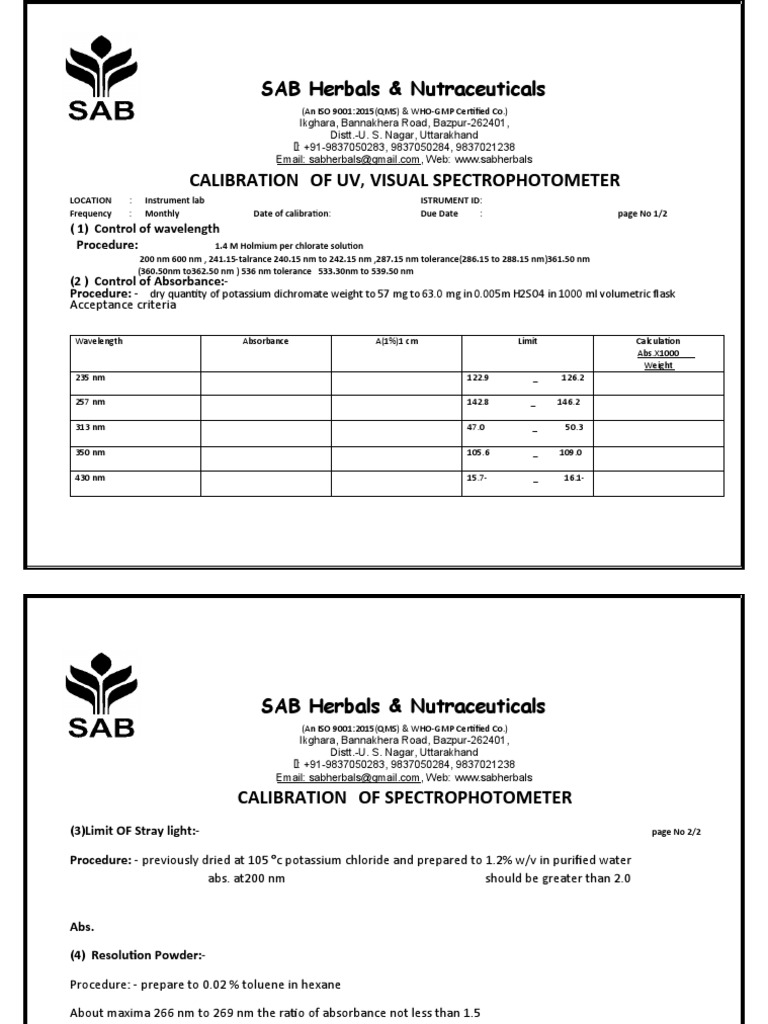 Calibration Uv Visual Spectrophotometer | PDF | Spectrophotometry ...