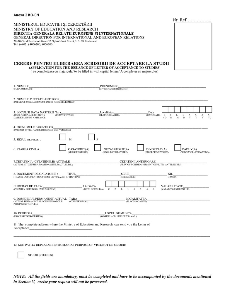 Application for Admission to Romanian Educational Institutions | PDF ...