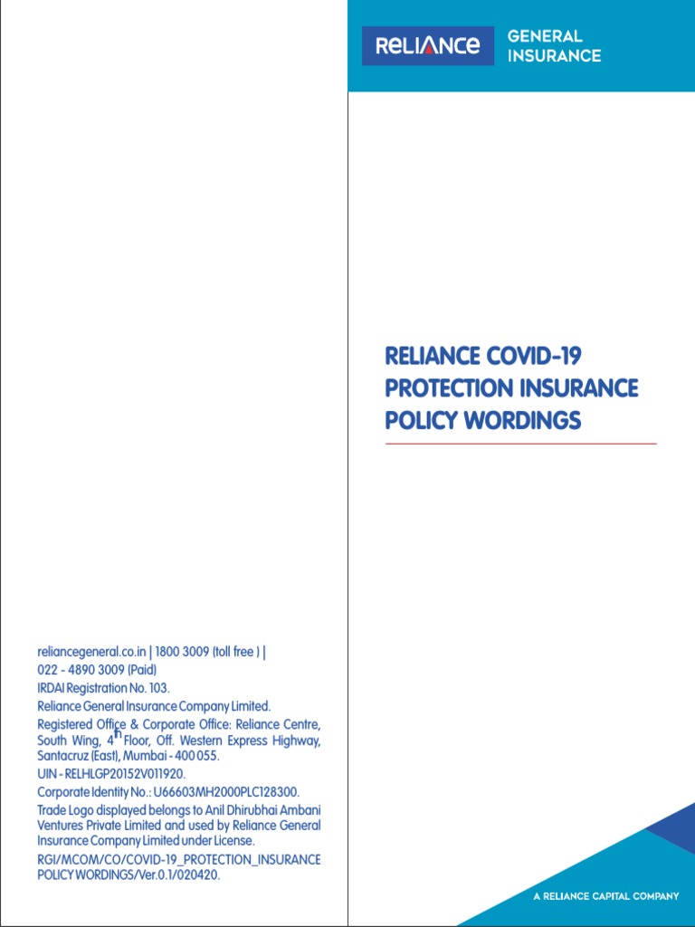 Reliance Covid-19 Protection Insurance Policy Wordings PDF | PDF ...