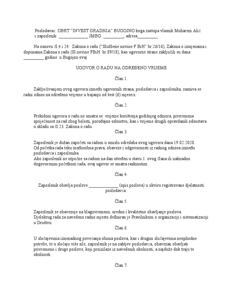 Ugovor o Radu - Urnek | PDF